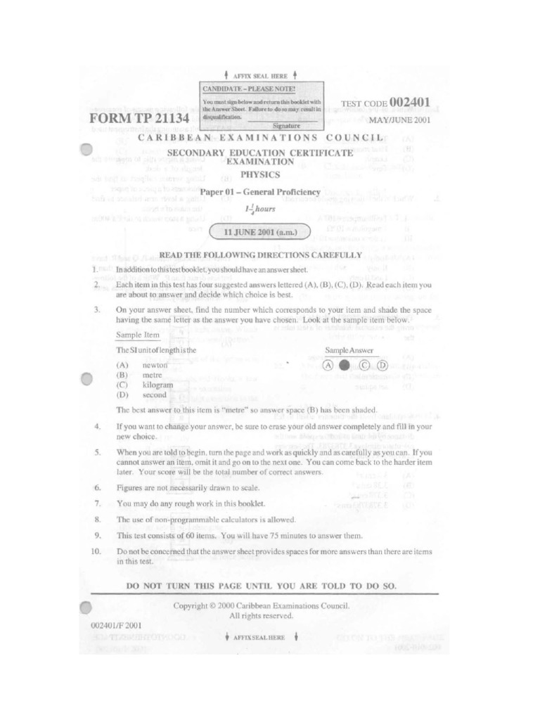 2001 Physics Paper 1 | PDF