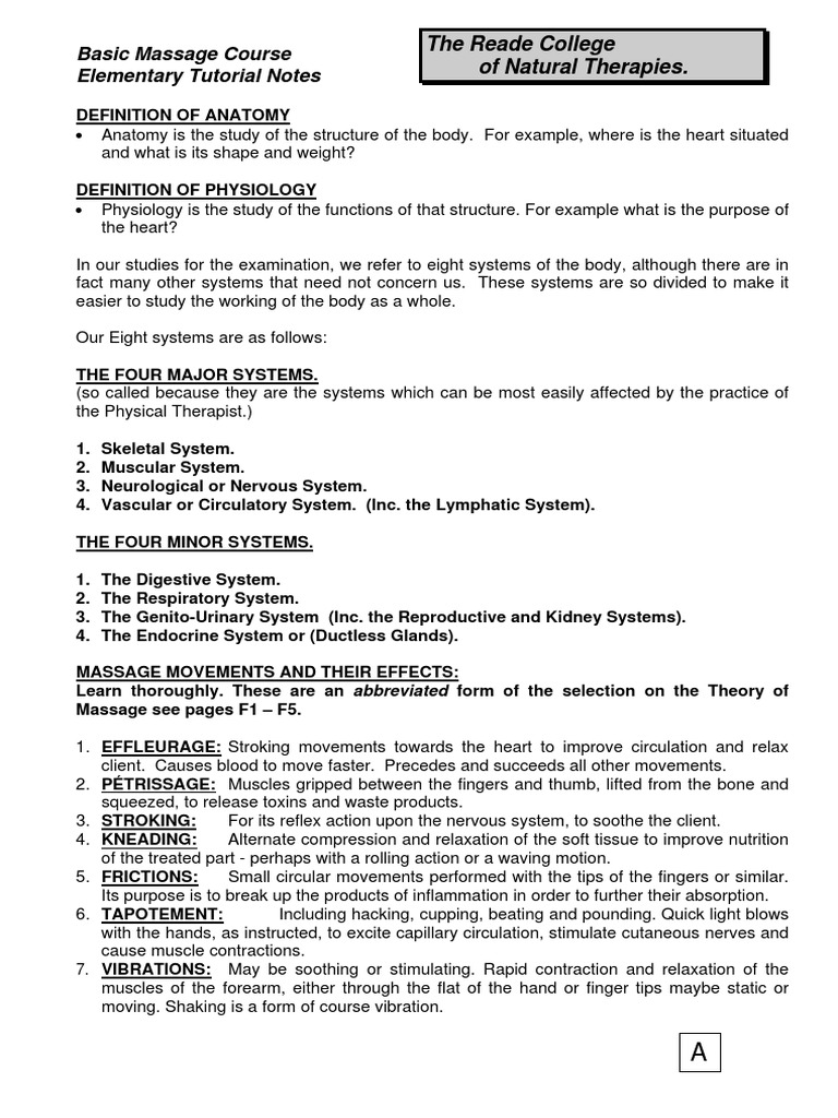 Basic Massage Course Elementary Tutorial Notes: The Reade College of ...