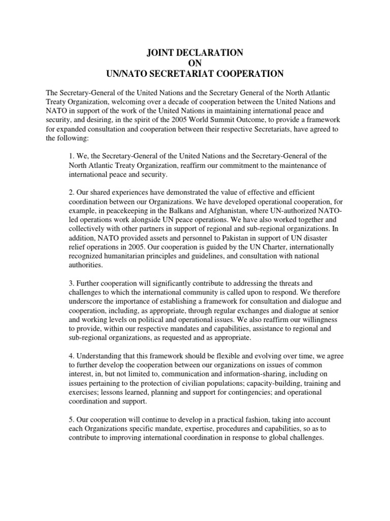 UN-NATO Cooperation Framework Agreement | PDF | Secretary General Of ...