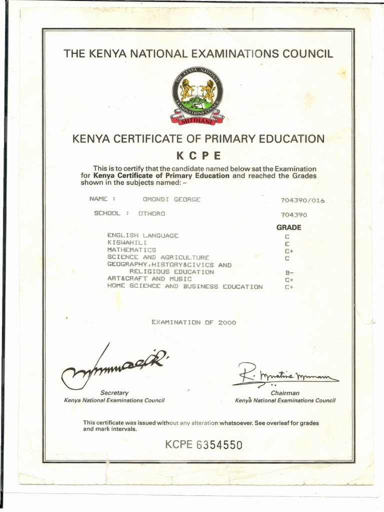 KCPE Certificate for Omondi George | PDF