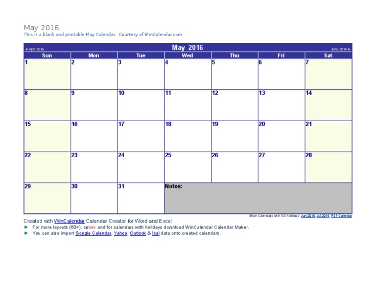 Printable May 2016 Calendar | PDF