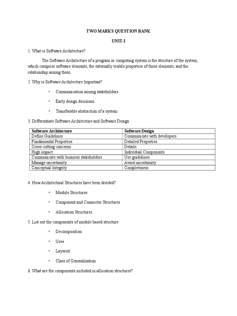 UNIT I 2 Marks | PDF | Software Architecture | System