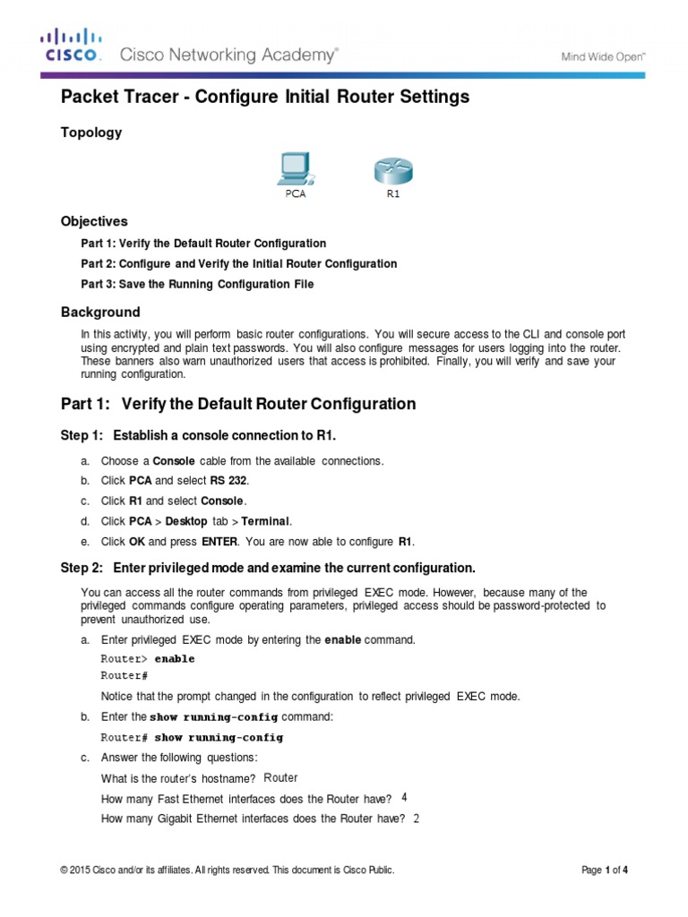 6.4.1.3 Packet Tracer - Configure Initial Router Settings | PDF ...