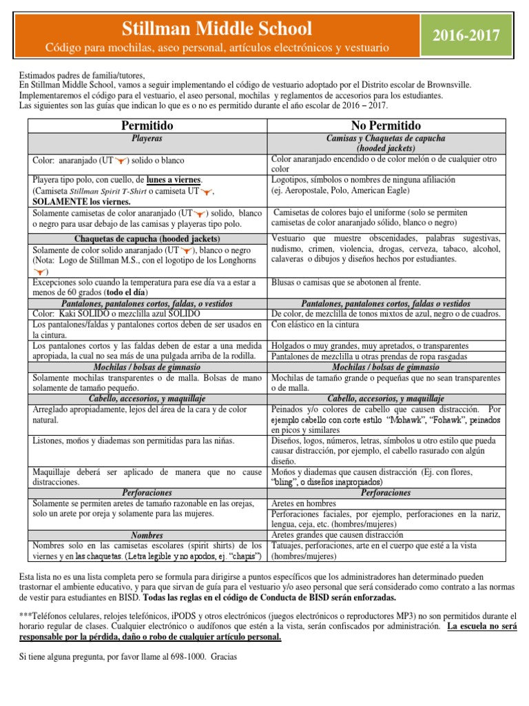 Stillman Middle School Dress Code Guidelines - 16-17 Spanish | PDF ...