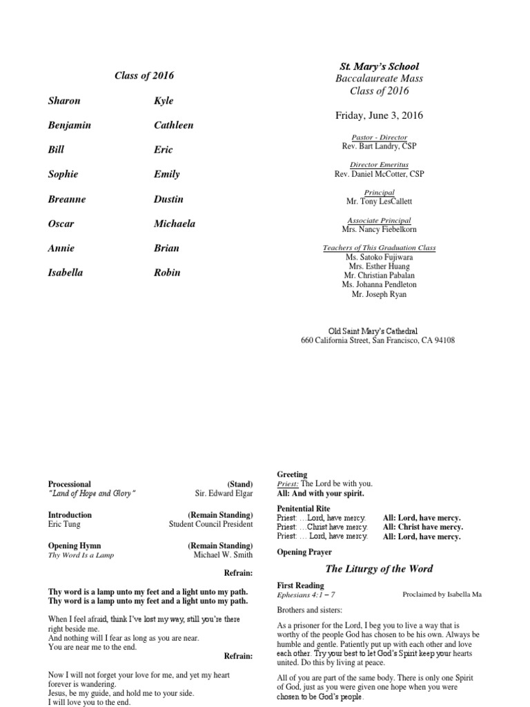 St. Mary's School Baccalaureate Mass Program 2016 | PDF | Prayer | Mary ...