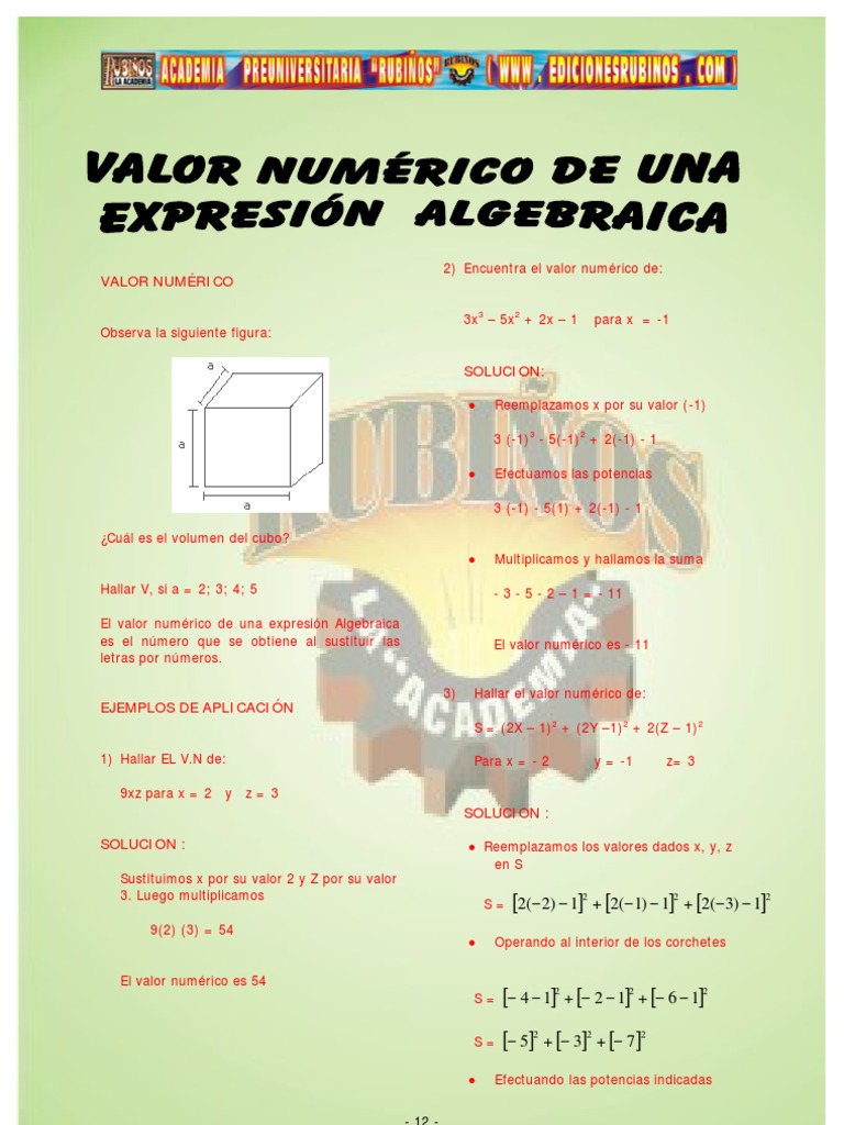 VALOR NUMERICO DE UNA EXPRESION ALGEBRAICA | Epistemología de la ...