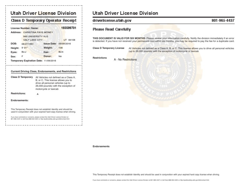 Utah Class D Temporary License Details | PDF | Politics