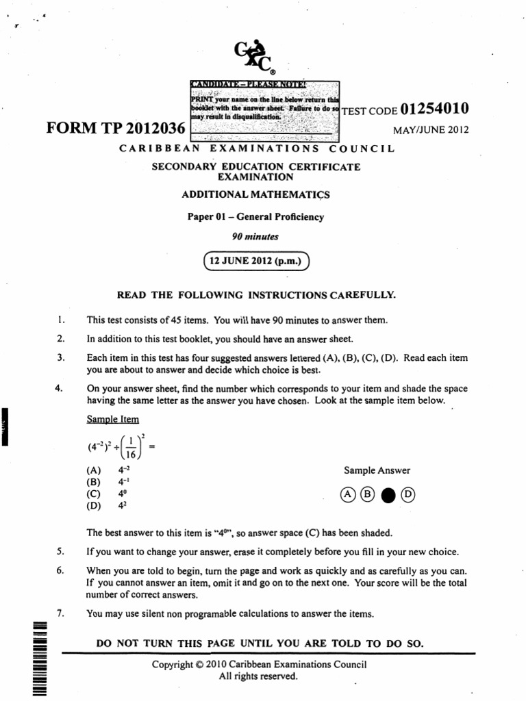 CSEC Add Math 2012 Paper 1 | PDF
