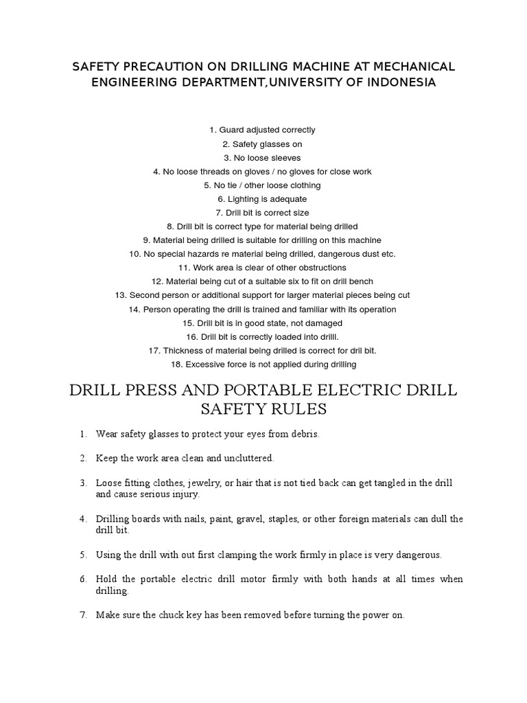 Drilling Machine Safety Precautions | PDF | Drill | Glasses