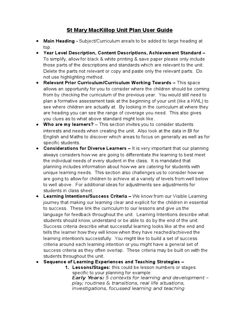 ST Mary Mackillop Unit Plan User Guide | PDF | Curriculum | Educational ...