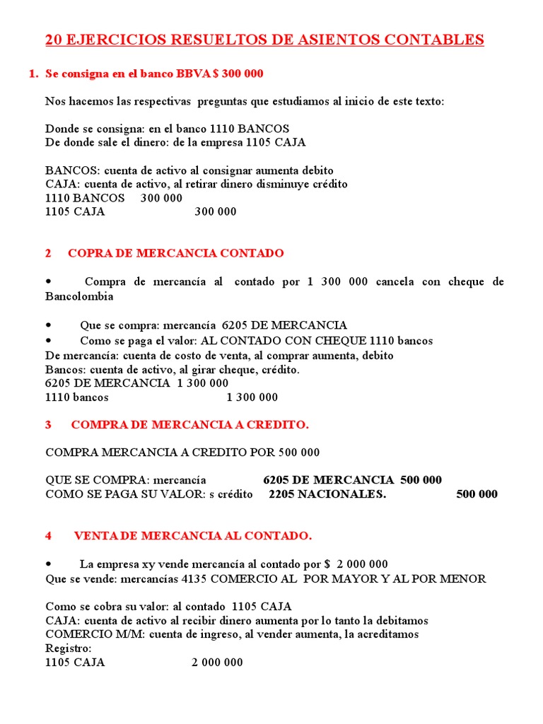 20 Ejercicios Resueltos de Asientos Contables | Cheque | Bancos