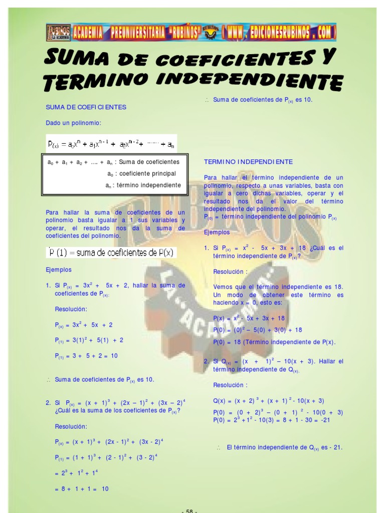 Suma de Coeficientes y Término Independiente | PDF | Álgebra | Análisis ...