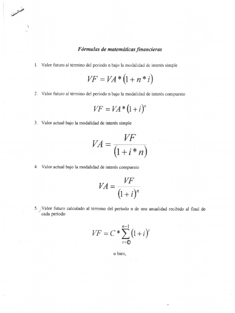 Fórmulas Matemáticas Financieras | PDF