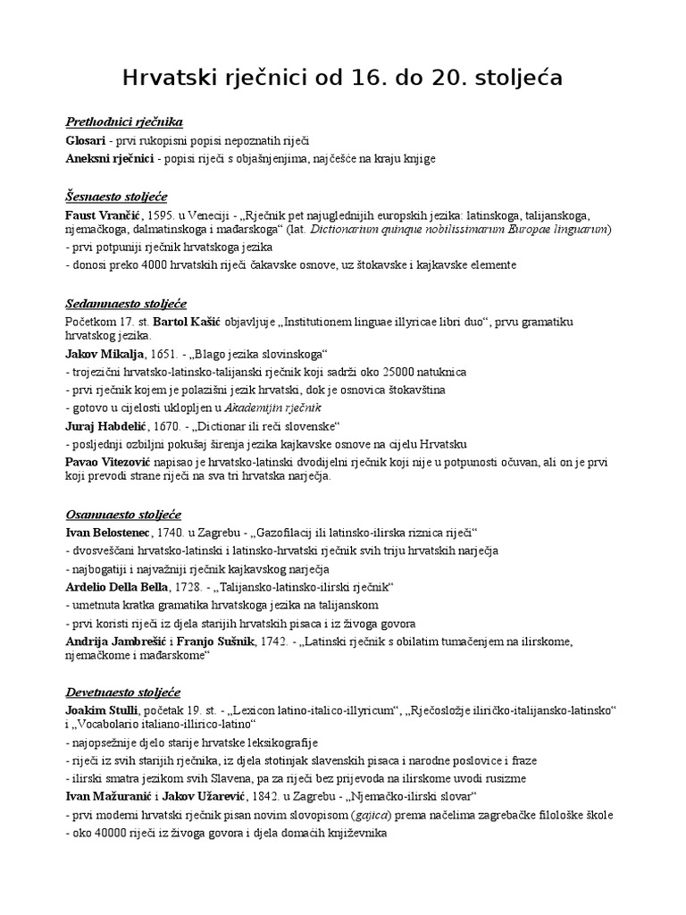Hrvatski Rjecnici Od 16. Do 20. Stoljeca | PDF