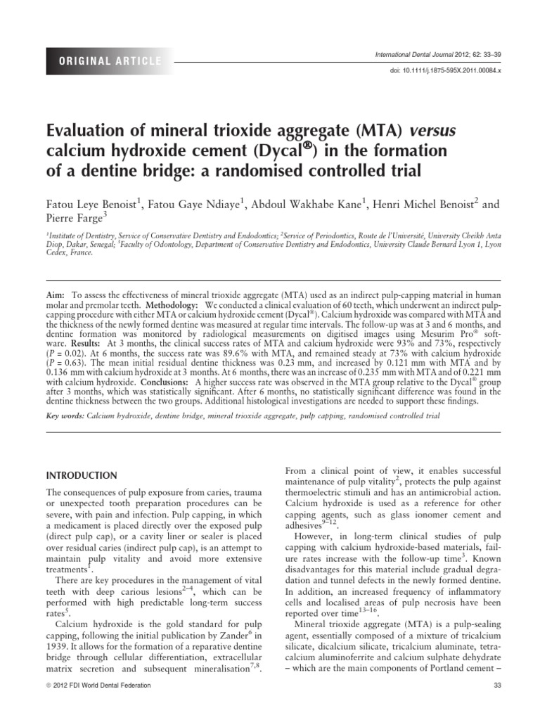 Evaluation of Mineral Trioxide Aggregate (MTA) Versus Calcium Hydroxide ...