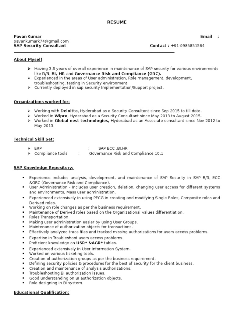 SAP Security GRC CV | PDF | Sap Se | Password