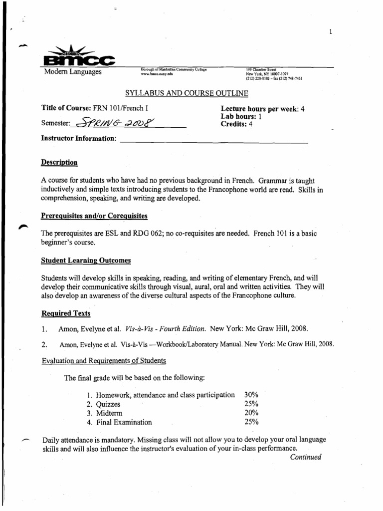 French I Course Syllabus Overview | PDF | Verb | Plagiarism