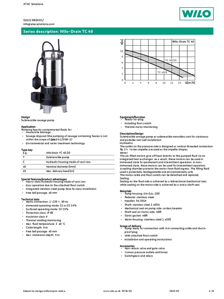 Wilo Drain Tc 40 | Mains Electricity | Pump | Free 30-day Trial | Scribd