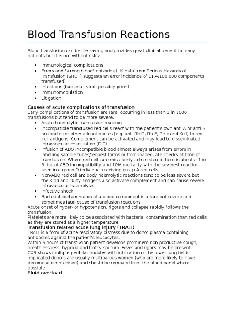 Blood Transfusion Reactions | PDF | Blood Transfusion | Blood Donation