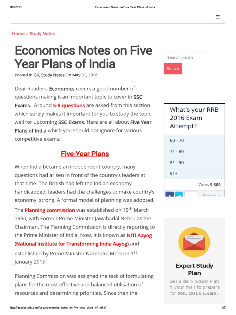 Economics Notes On Five Year Plans of India | PDF | Economic Growth ...