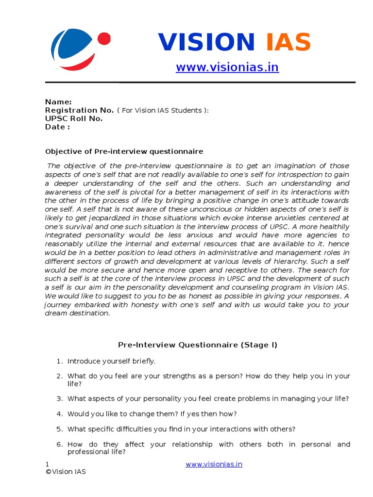 Pre Interview Questionnaire | Download Free PDF | Anxiety | Self