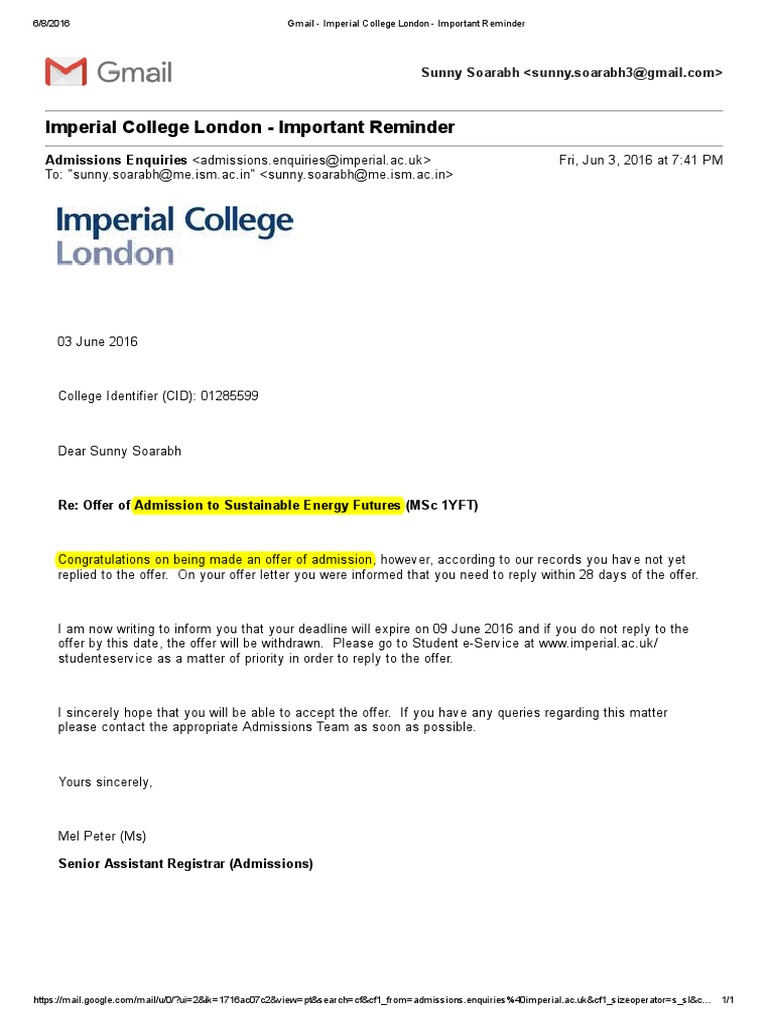 Imperial College London Offer Letter | PDF
