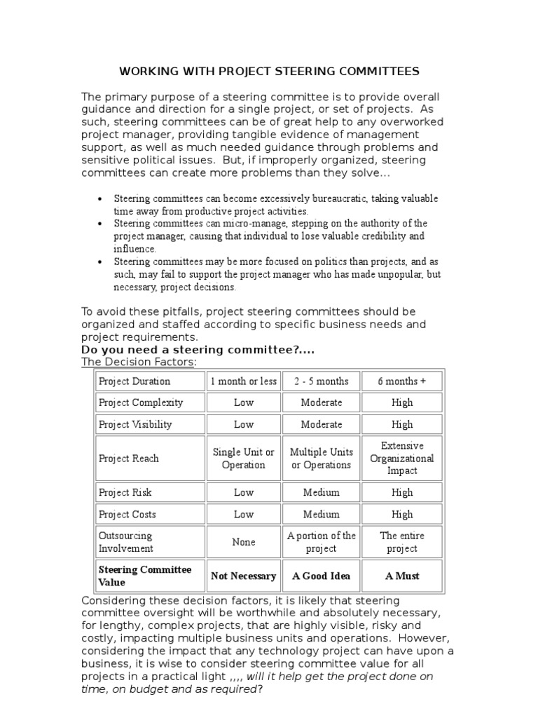 WORKING WITH PROJECT STEERING COMMITTEES | Committee | Project Management