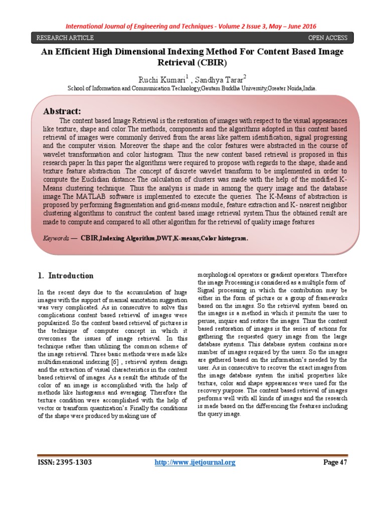 An Efficient High Dimensional Indexing Method For Content Based Image Retrieval Cbir Pdf