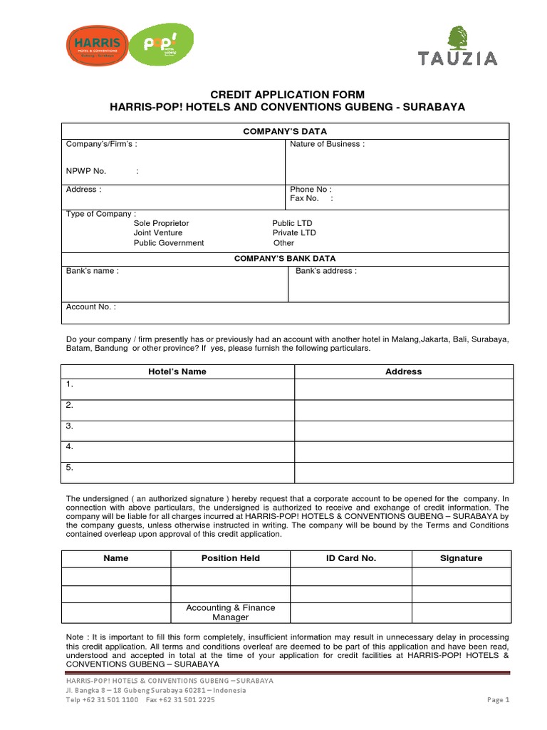 Contoh Credit Application Form Harris Hotel | Banks | Business