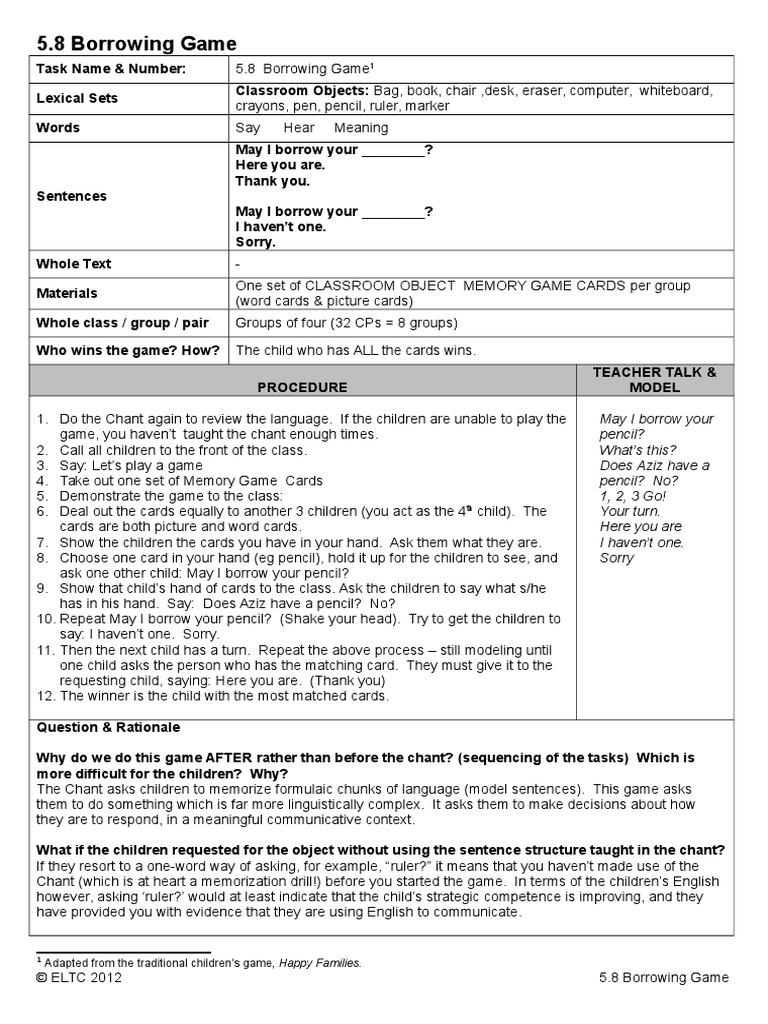 Borrowing Game Worksheet | PDF | Classroom | Sentence (Linguistics)