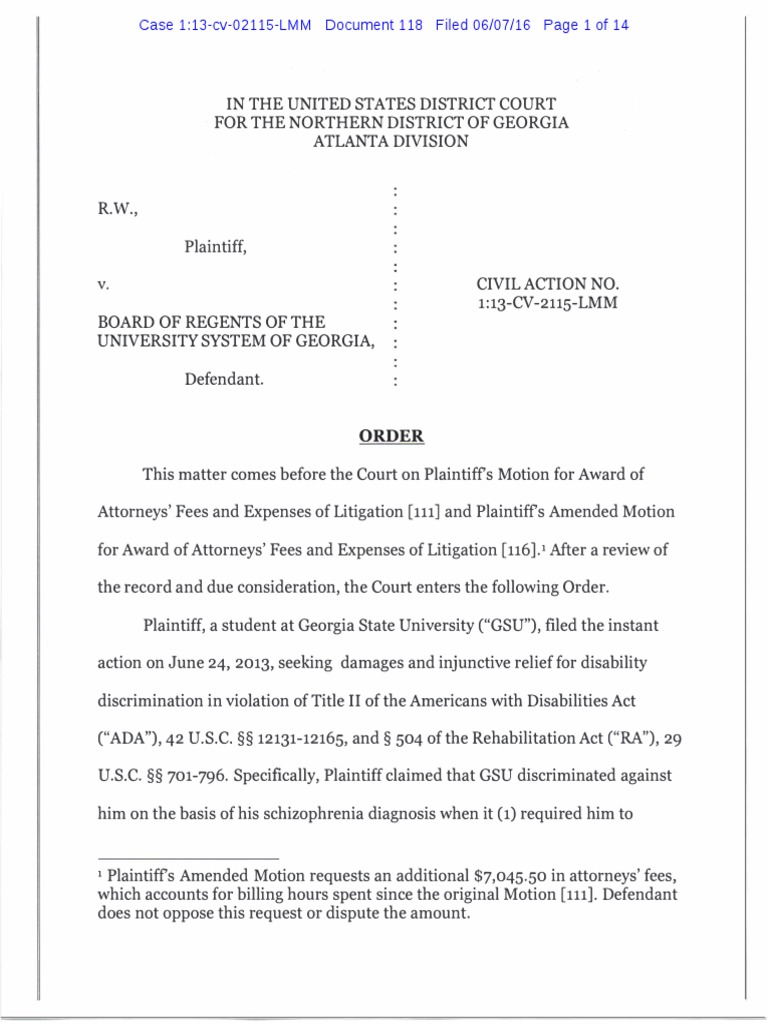 Order Granting Attorneys Fees and Costs in R.W. v. Board of Regents of ...