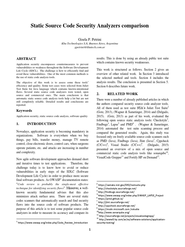 Static Source Code Security Analyzers Comparison Pdf Vulnerability Computing Programming 5286
