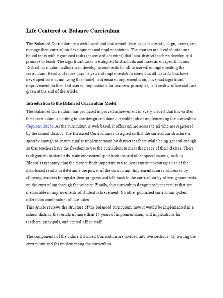 Life Centered Or Balance Curriculum Introduction To The Balanced