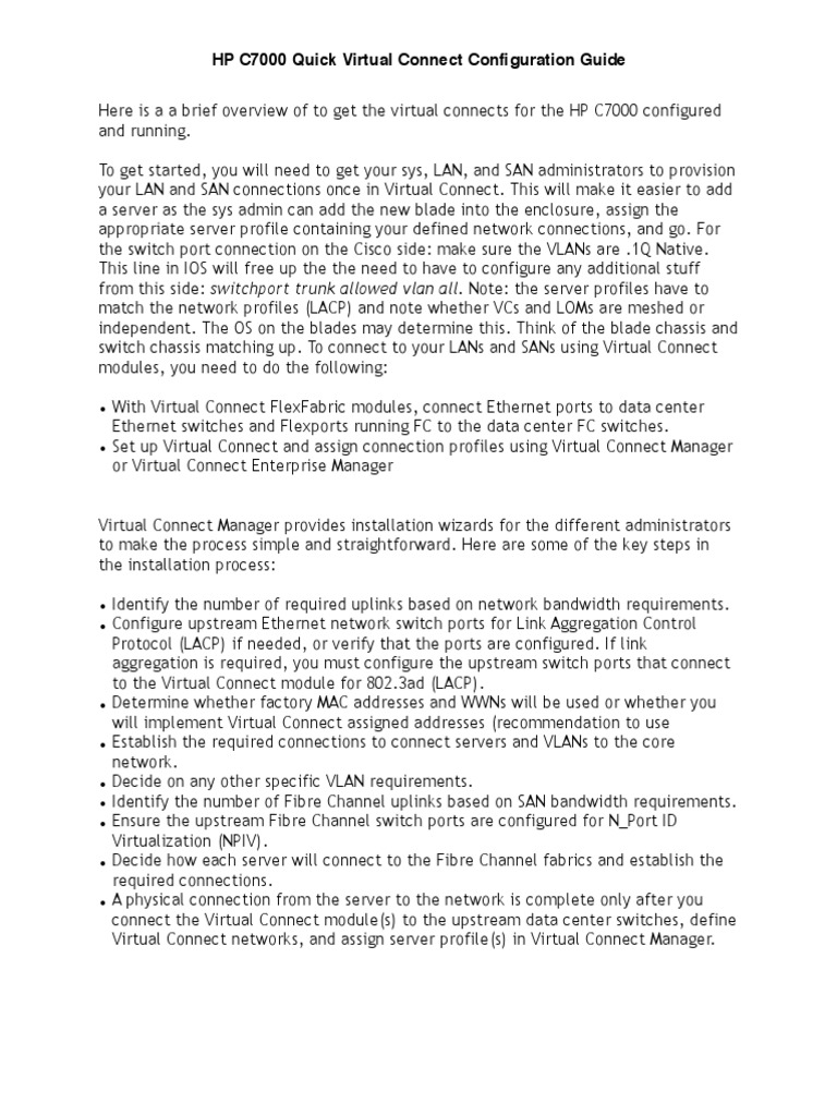 HP C7000 Quick Virtual Connect Configuration Guide | PDF | Computer ...