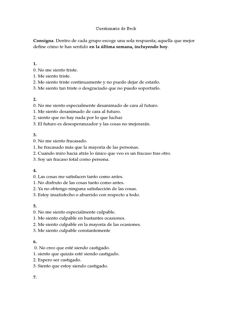 Cuestionario de Beck | PDF | Depresión (estado de ánimo) | Dormir