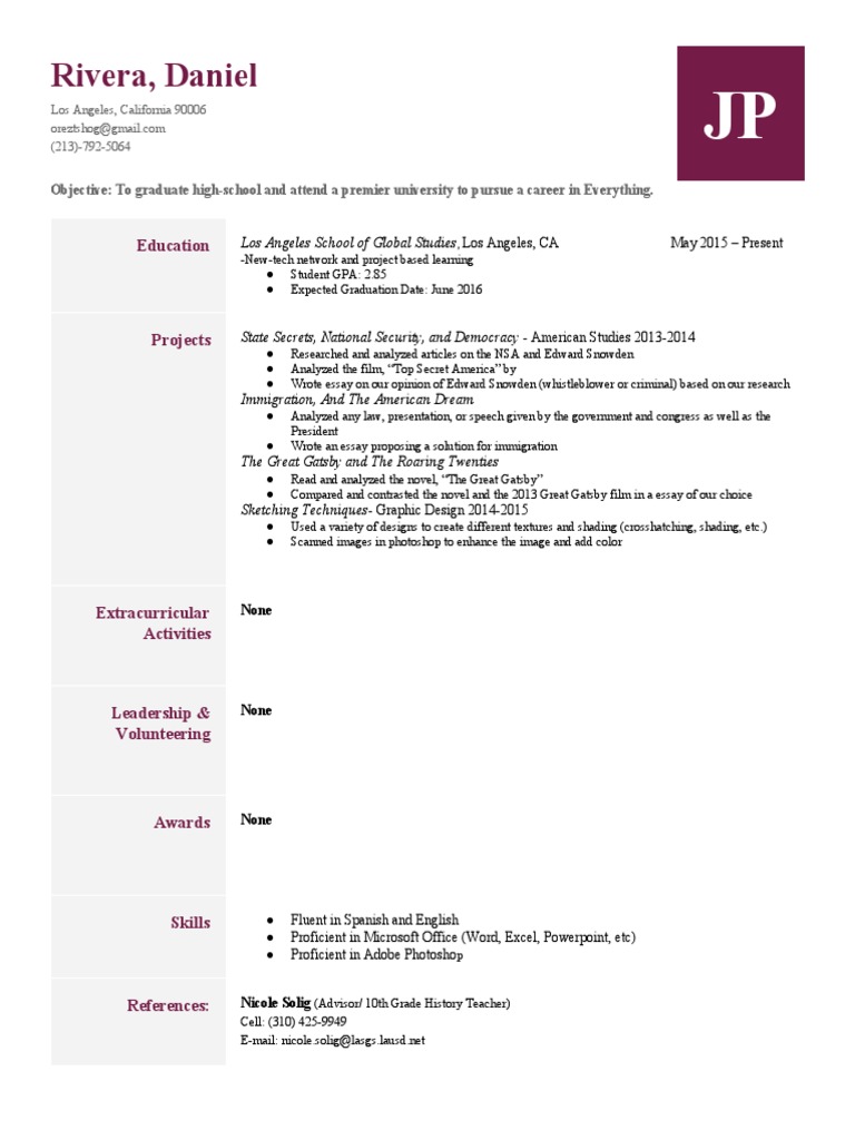 High School Resume of Daniel Rivera | PDF