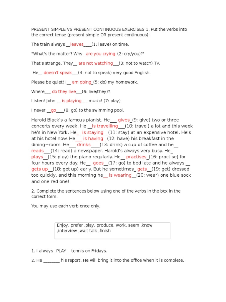 Present Simple Vs Present Continuous 1 Exercises Present Simple Vs
