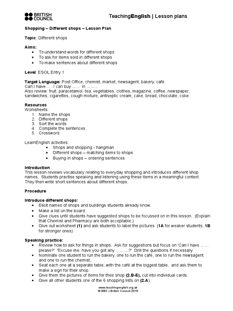 Shopping Different Shops Lesson Plan 6 | PDF