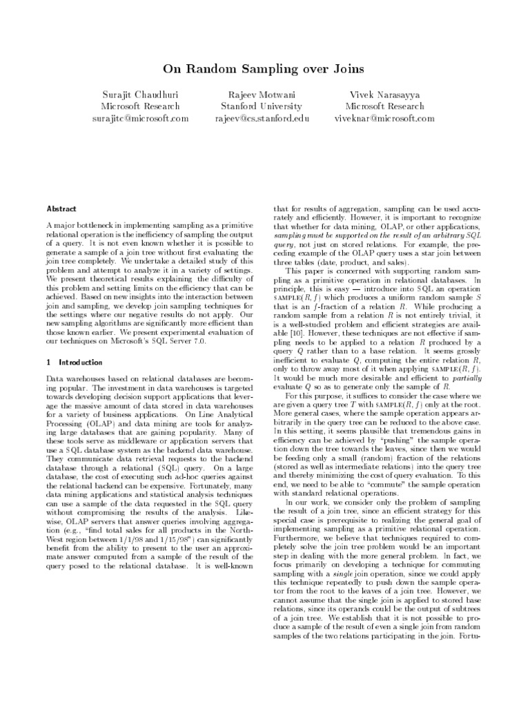 On Random Sampling Over Joins | PDF | Sampling (Statistics) | Databases