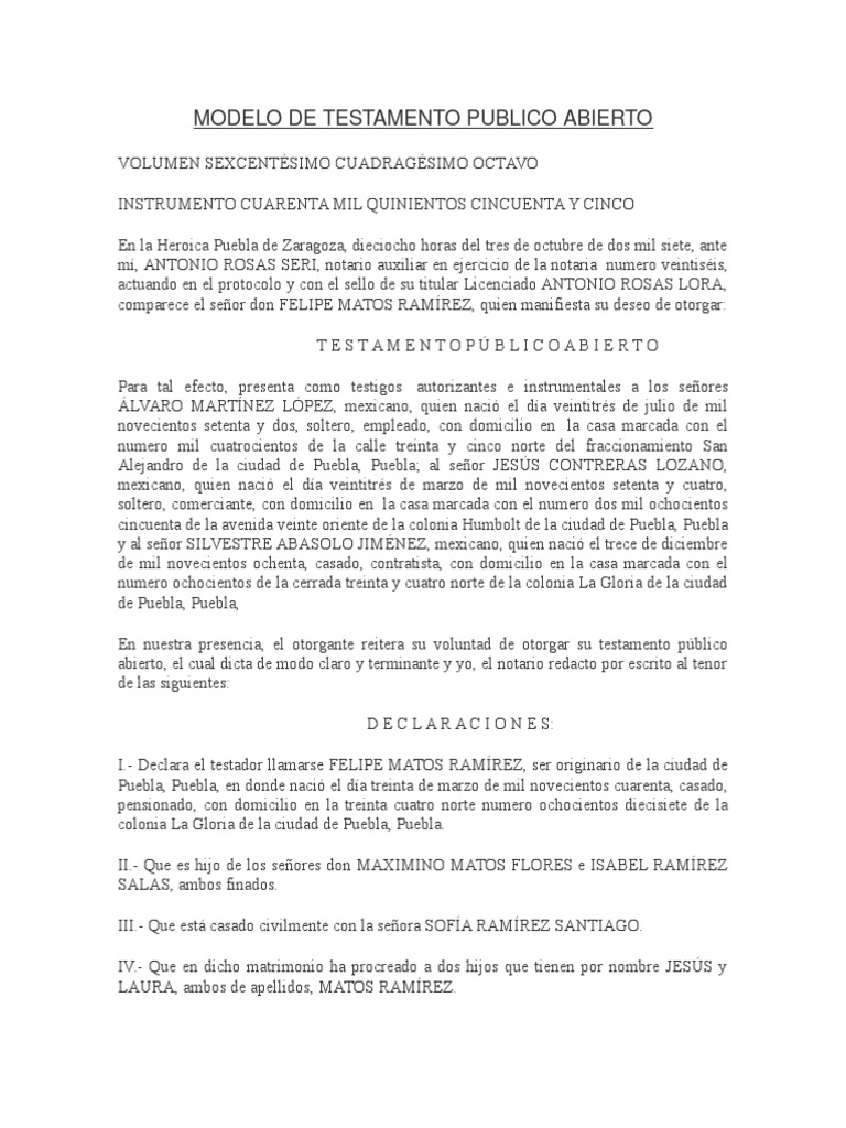 Modelo de Testamento Público Abierto | PDF | Herencia | Voluntad y ...