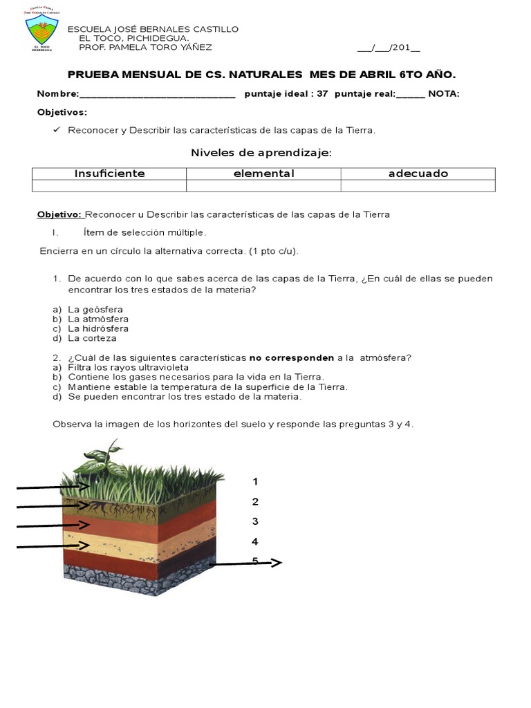 Prueba Mensual de Ciencias Naturales 6to Año | PDF | Tierra | Atmósfera