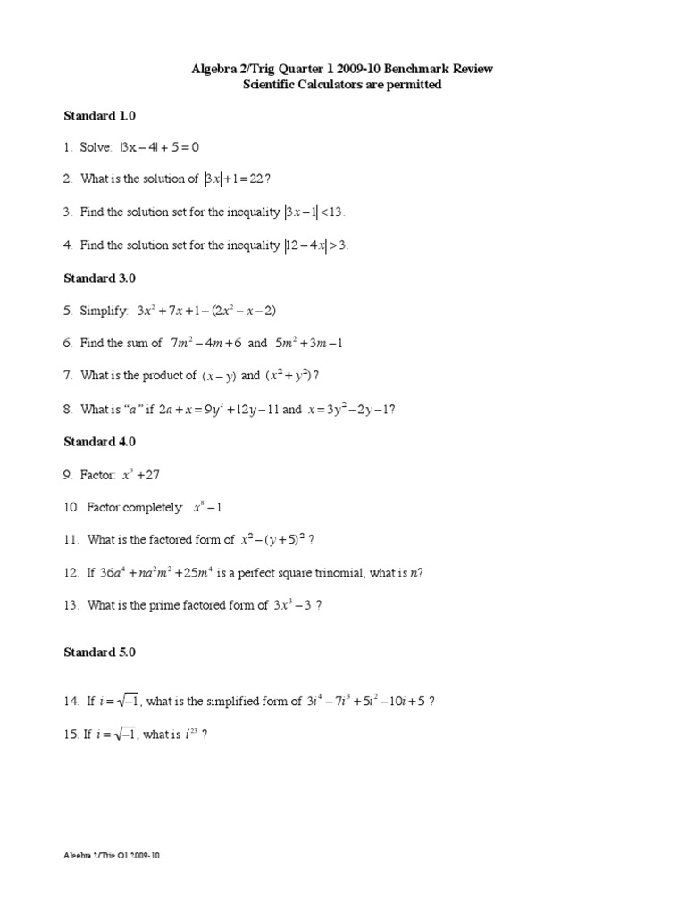 Q1 Alg2 - Trig Benchmark Review | PDF