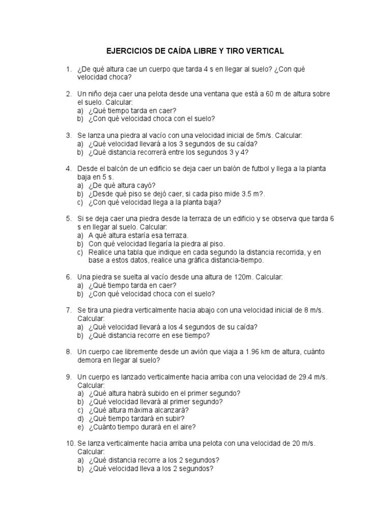 Ejercicios de Caída Libre y Tiro Vertical | PDF