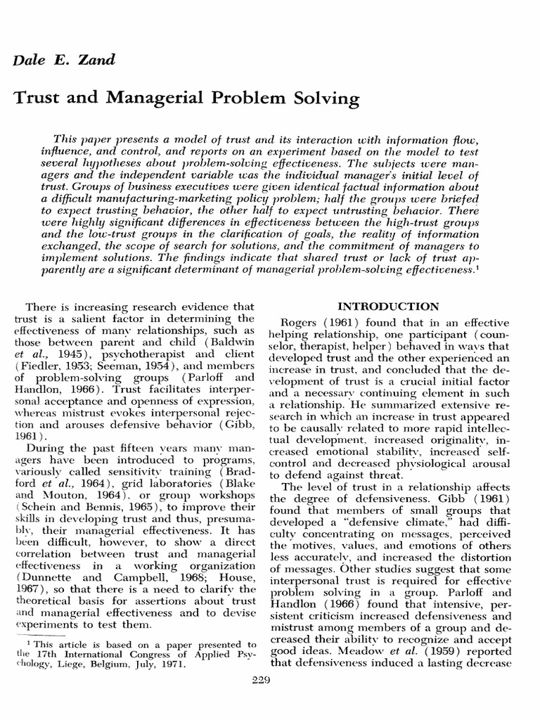 1972 - Zand - Trust and Managerial Problem Solving | PDF | Trust ...