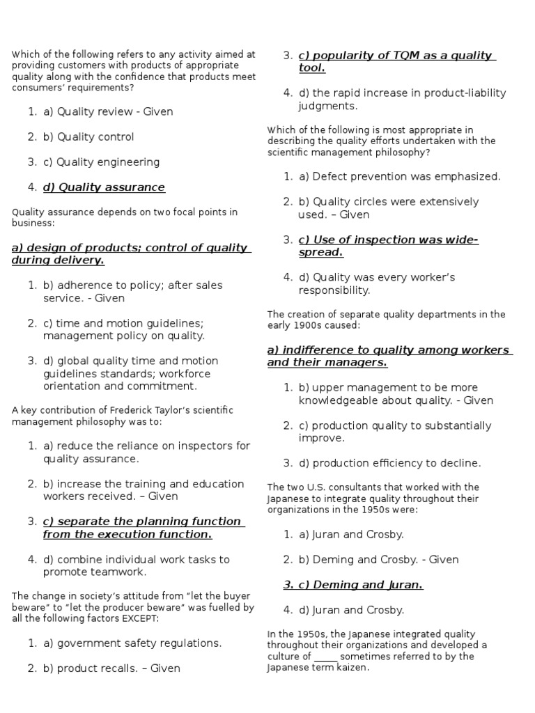 TQM Sample Questions | PDF | Quality Assurance | Quality (Business)
