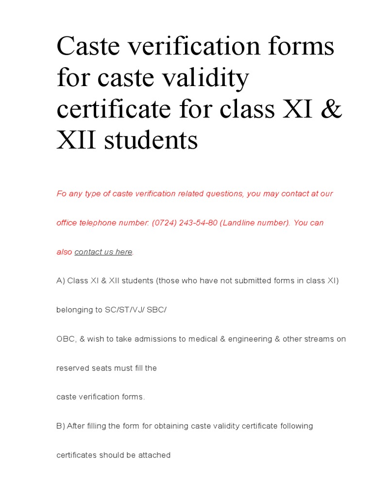Caste Verification Forms For Caste Validity Certificate For Class XI