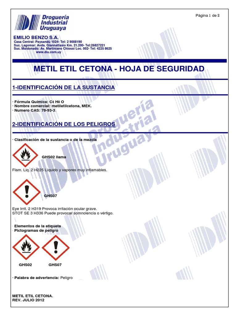 Hoja de Seguridad: Metil Etil Cetona | PDF | Residuos | Solvente