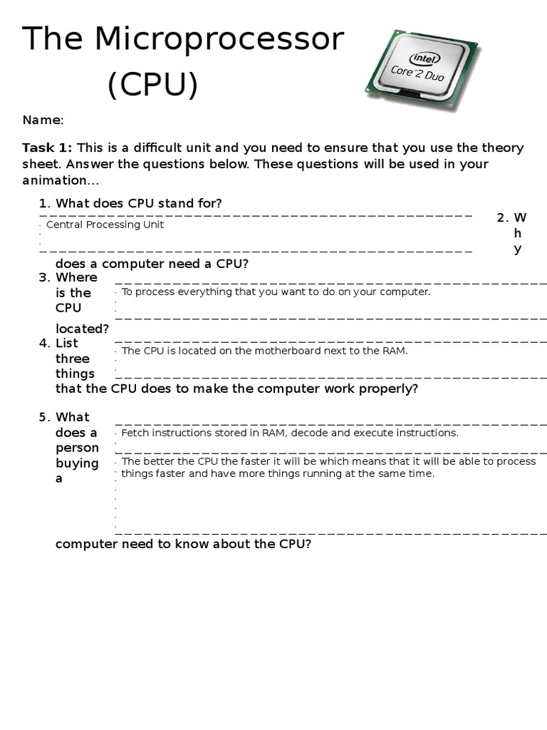 The Microprocessor (CPU) : Task 1: This Is A Difficult Unit and You Need To Ensure That You Use ...