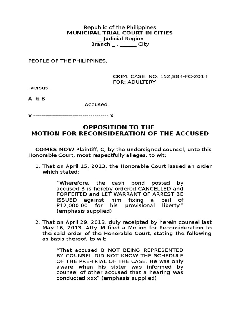 Opposition To A Motion For Reconsideration | PDF | Virtue | Government Information