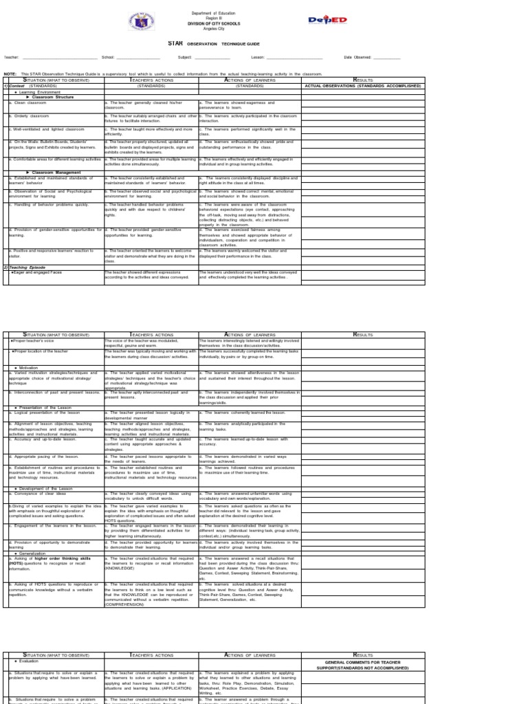 Guide: STAR Observation Technique | PDF | Educational Assessment | Teachers